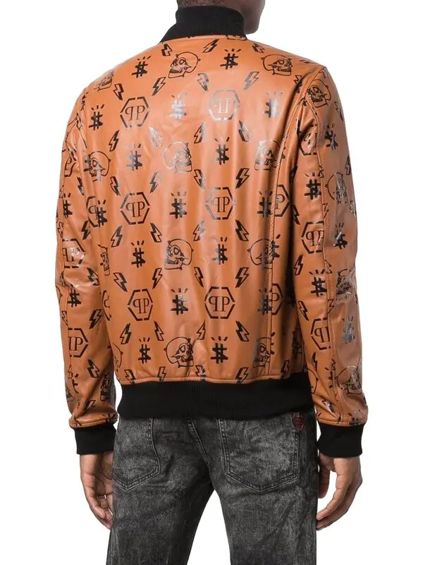Philipp Plein Monogram-print Leather Bomber Jacket - Brown