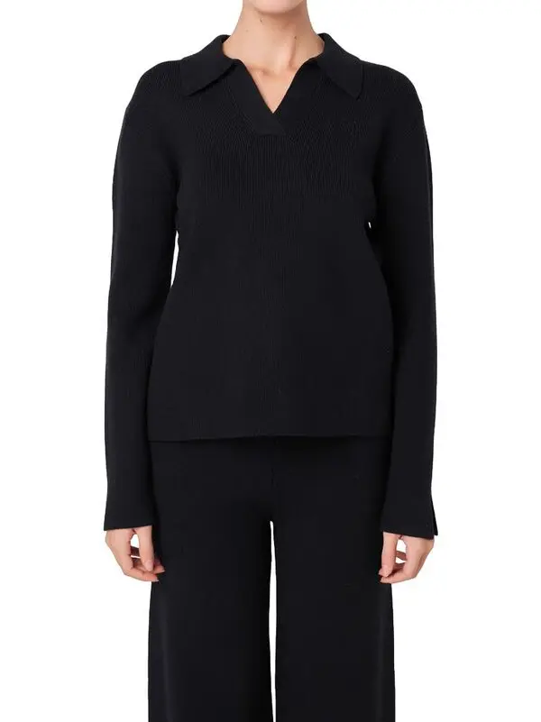 English Factory Polo Collar Ribbed Sweater - Black