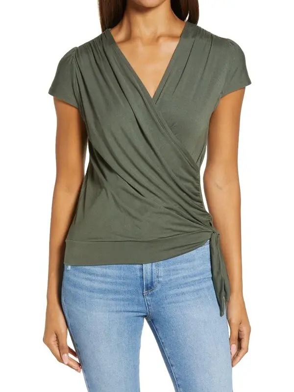 Loveappella Faux Wrap Top - Olive