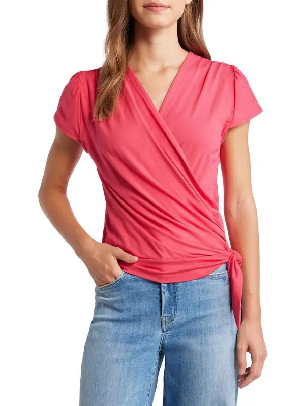 Loveappella Faux Wrap Top - Pink Polis