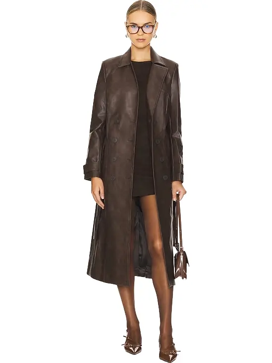 Bardot Faux Leather Trench Coat - Dark Chocolate