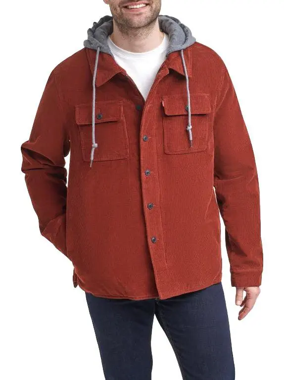 LEVI'S Faux Shearling Lined Hooded Corduroy Shirt Jacket - Rust