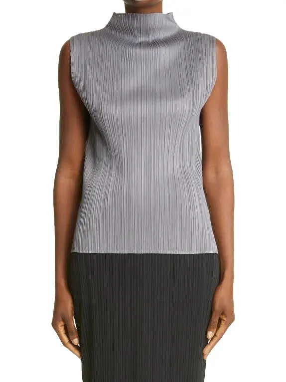 Issey Miyake Pleated Funnel Neck Top - Grey