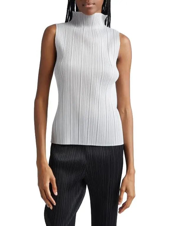Issey Miyake Pleated Funnel Neck Top - Light Gray