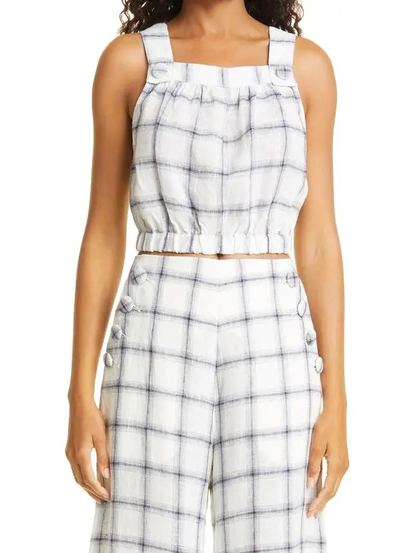 Lisa Marie Fernandez Check Blouson Linen Crop Top - Wwl White Windowpane Linen