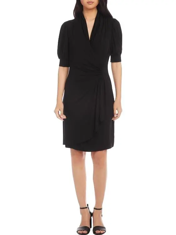 Karen Kane Puff Sleeve Jersey Faux Wrap Dress - Black
