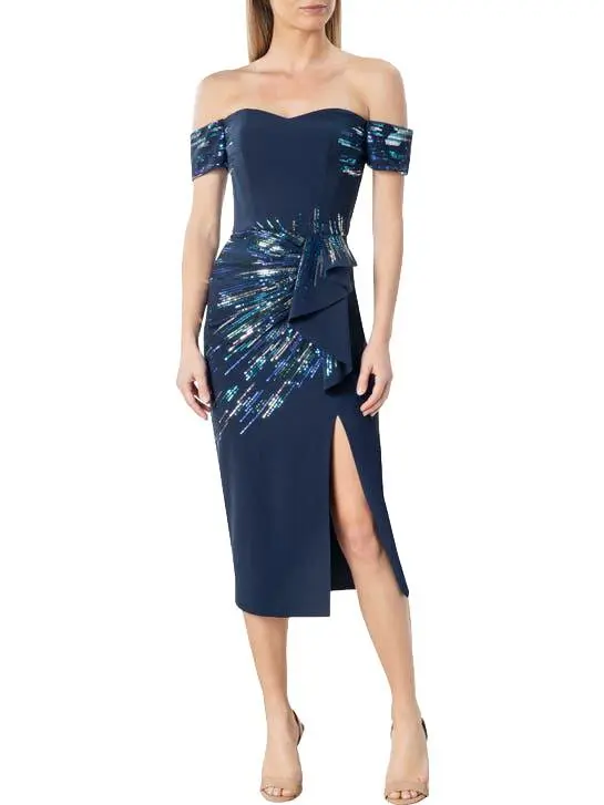 Dress The Population Alani Sequin Off-the-shoulder Midi Dress - Navy Multi