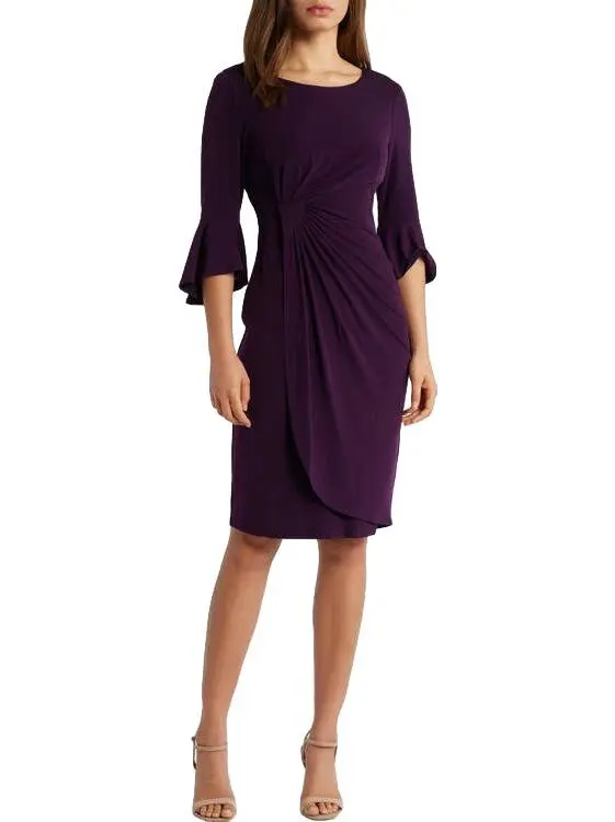CONNECTED APPAREL Ruched Faux Wrap Cocktail Dress - Aubergine