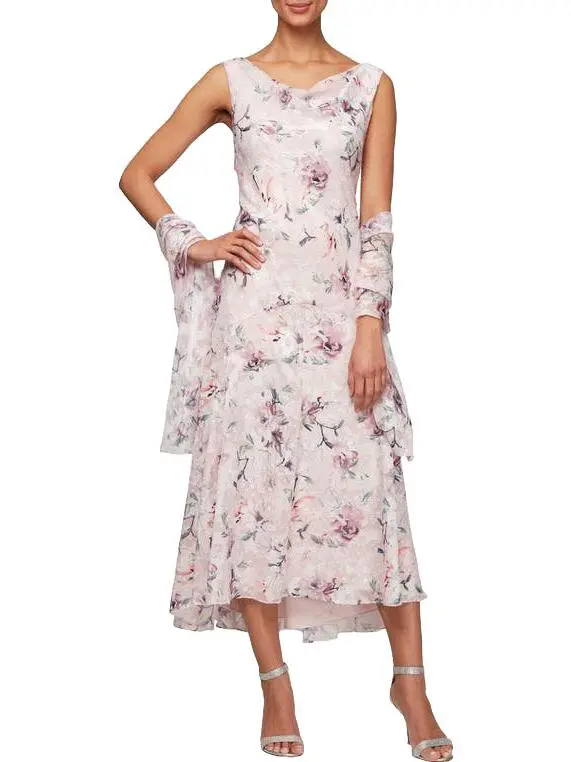 Alex Evenings Floral Burnout Chiffon High/low Dress With Wrap - Blush Multi
