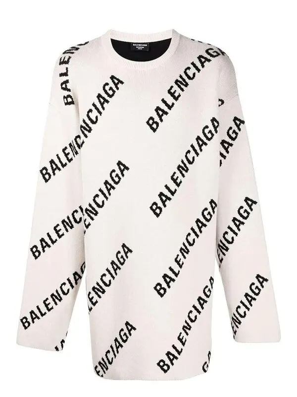 Balenciaga Allover Logo Crew-neck Jumper - Neutrals