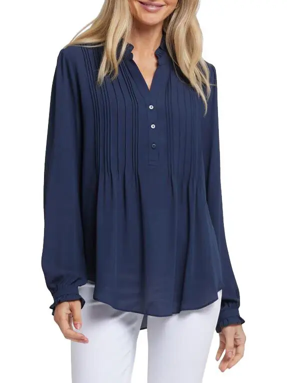 NYDJ Pleated Yoke Peasant Blouse - Oxford Navy