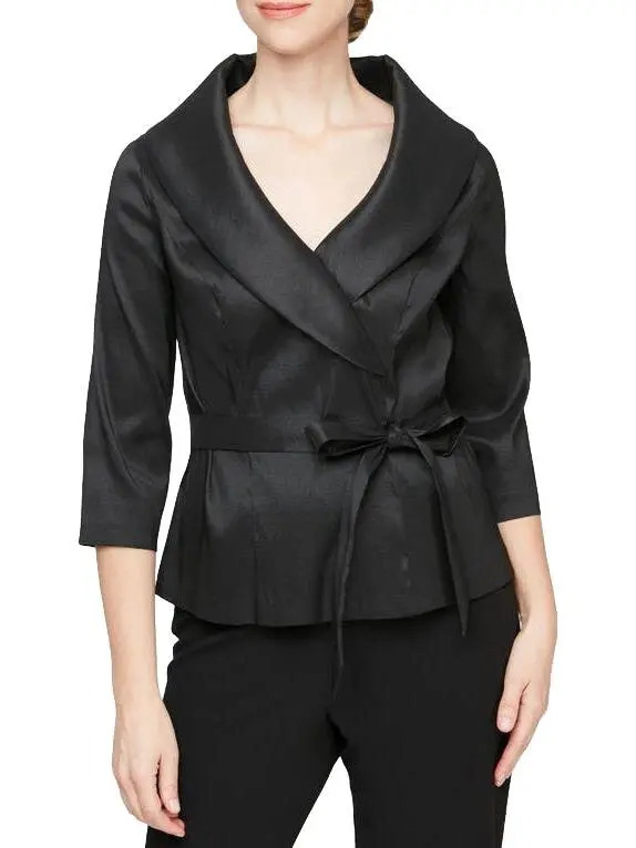 Alex Evenings Tie Waist Brushed Satin Top - Black