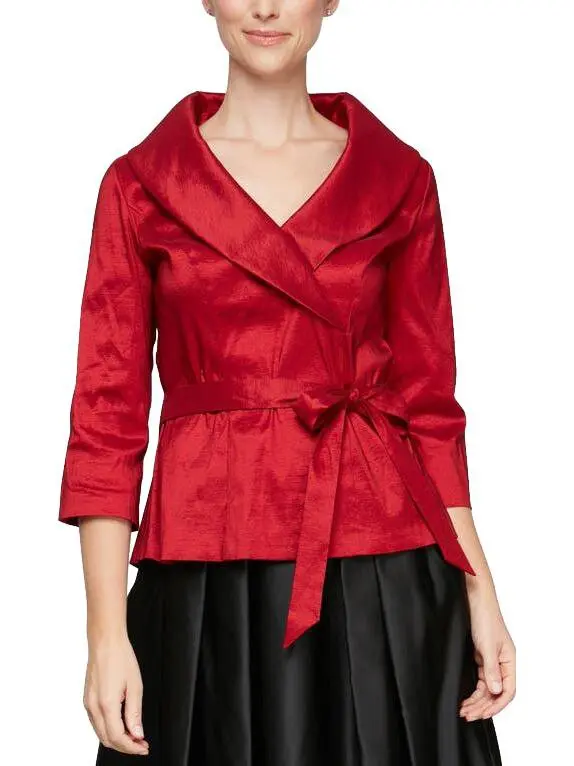 Alex Evenings Tie Waist Brushed Satin Top - Red