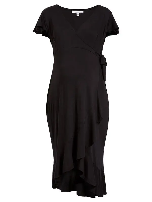 FOURTEENTH PLACE Flutter Sleeve Wrap Maternity Dress - Black