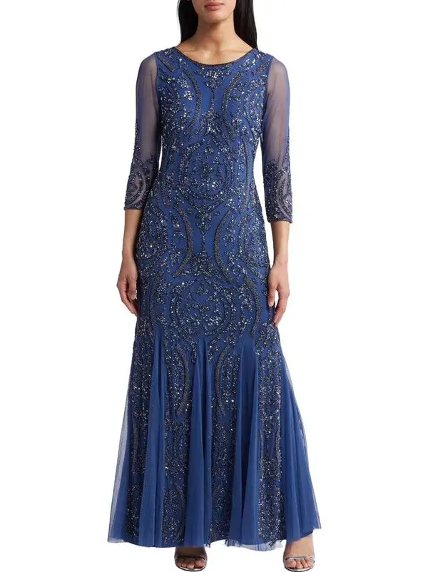 Pisarro Nights Sequin Beaded Illusion Mesh Gown - Denim