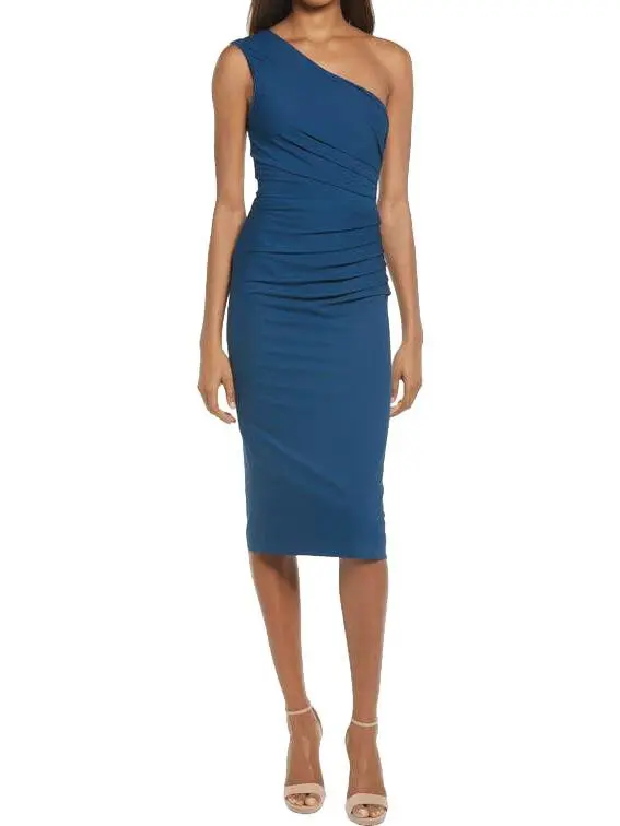 Dress The Population Martine One-shoulder Sheath Dress - Peacock