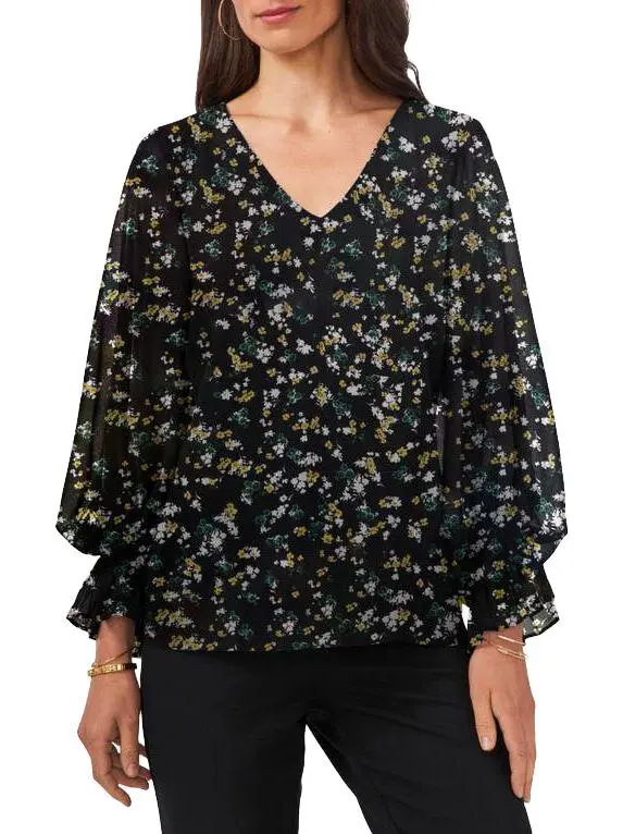 Chaus Floral Balloon Sleeve Blouse - Rich Black