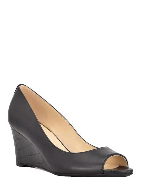 Nine West Peep Toe Wedge - Black Leather