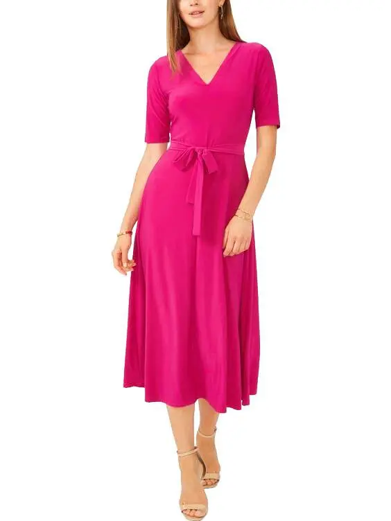 Chaus V-neck Tie Waist Knit Dress - Brilliant Fuchsia