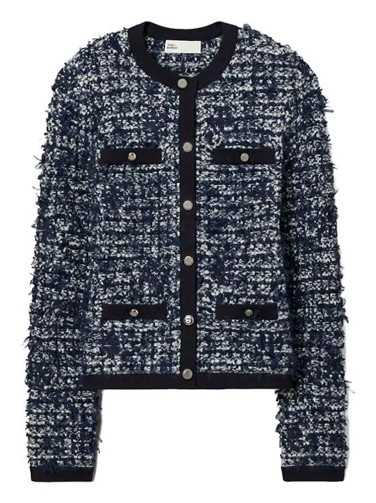 Tory Burch Kendra Tweed Cardigan - Navy/ivory