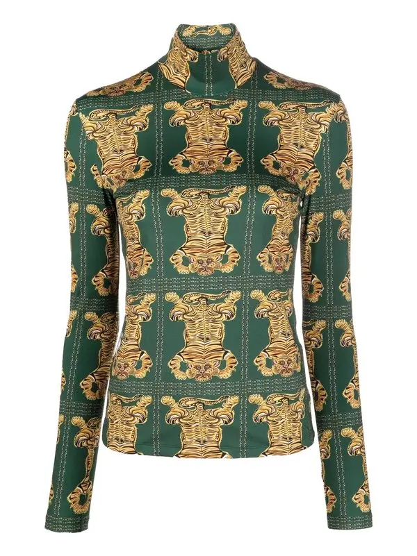 La DoubleJ Tiger Tile-print Turtleneck Top - Green