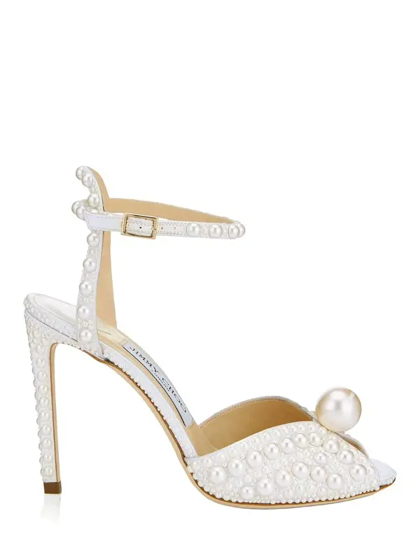 JIMMY CHOO Sacora 100 Satin Pearl Sandals - White