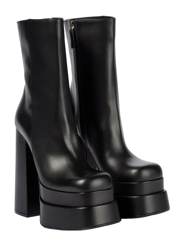 Versace Intrico Leather Platform Ankle Boots - Black