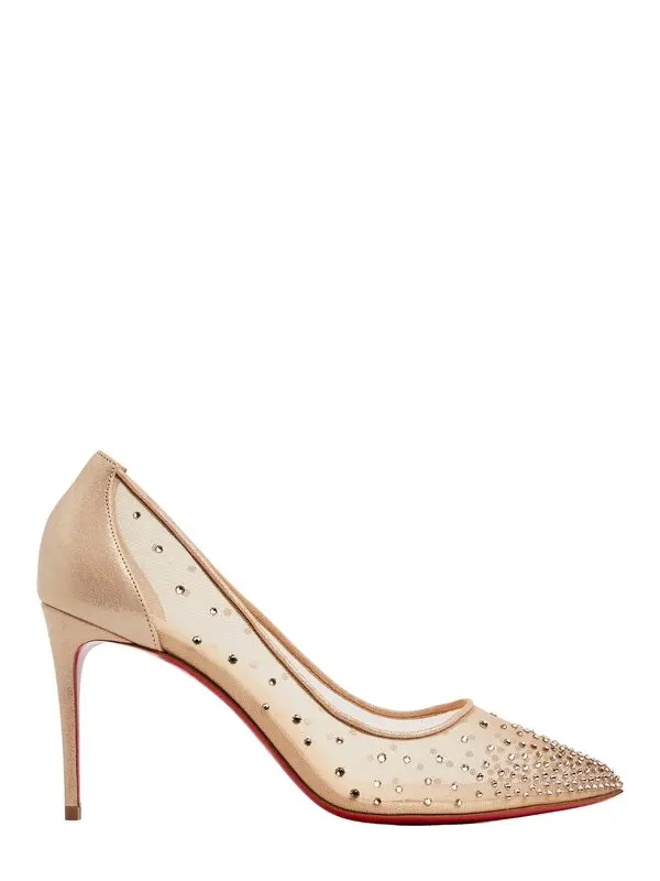 CHRISTIAN LOUBOUTIN Follies Strass Suede Pumps 85 - Beige