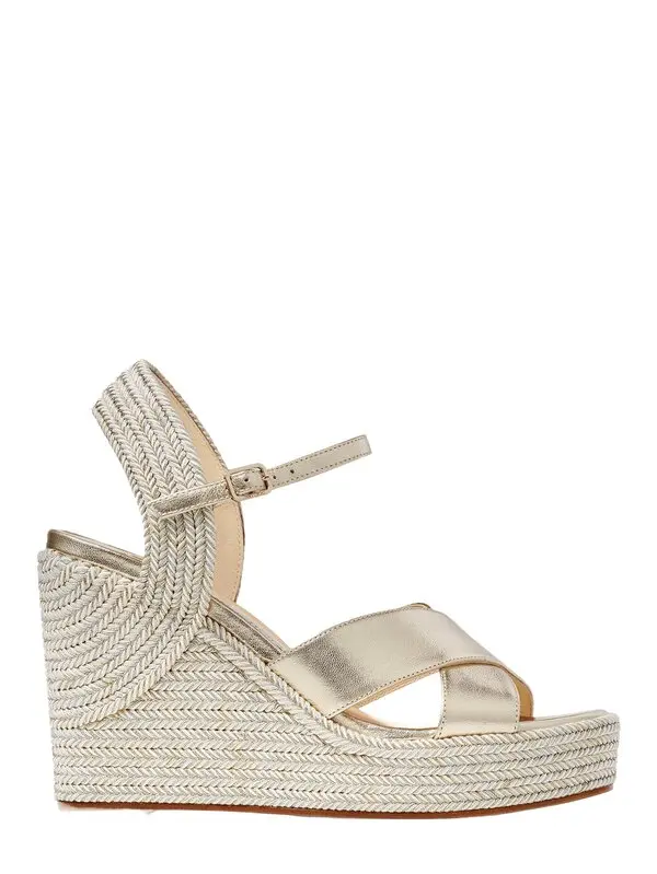 JIMMY CHOO Dellena 100 Leather Wedge Sandals - Gold