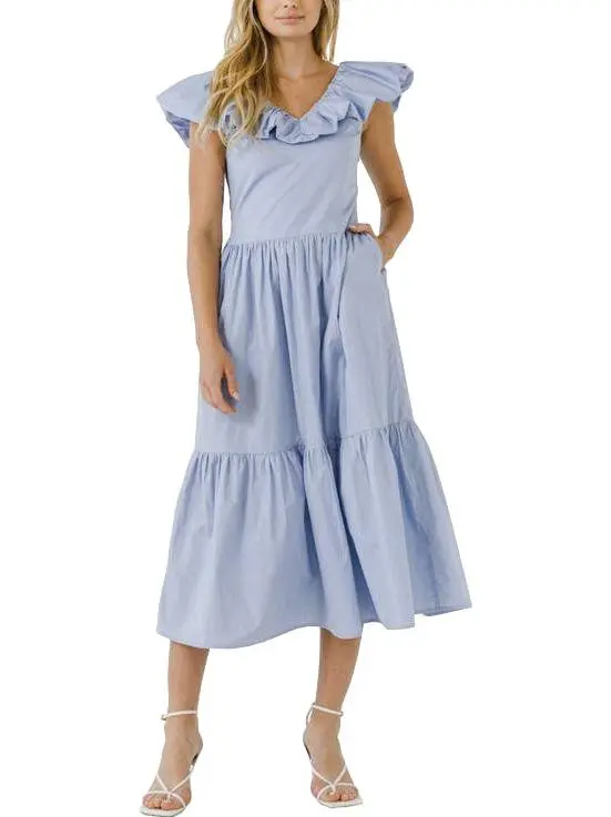 English Factory Ruffle Tiered Midi Dress - Powder Blue