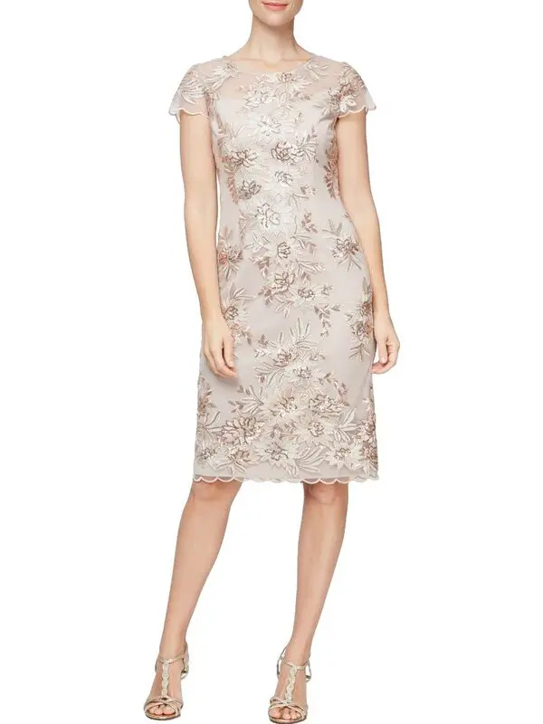 Alex Evenings Embroidered Sheath Dress - Champagne