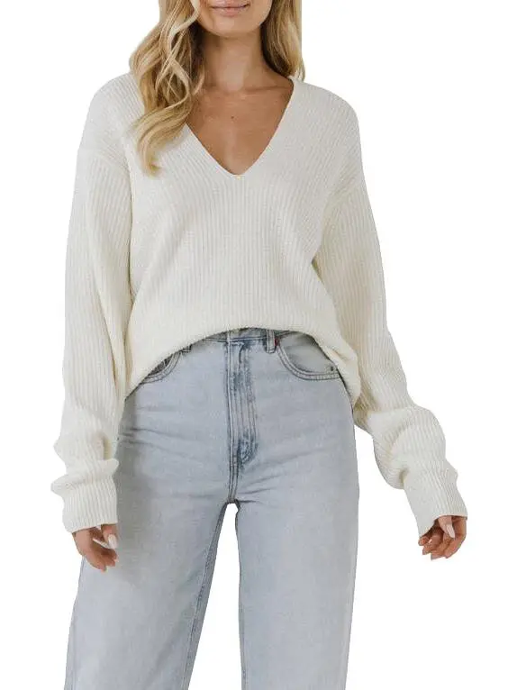 FREE THE ROSES Endless Rose Oversized Deep-v Sweater - Cream