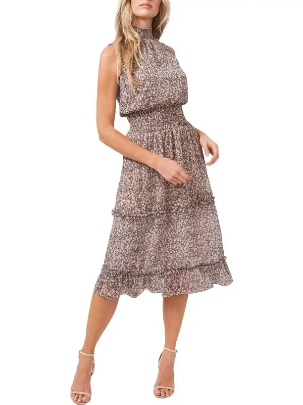 1.State Sleeveless Mock Neck Floral Tiered Dress - Beige