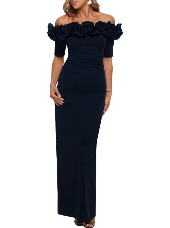 XSCAPE EVENINGS Ruffle Off-the-shoulder Crepe Column Gown - Navy