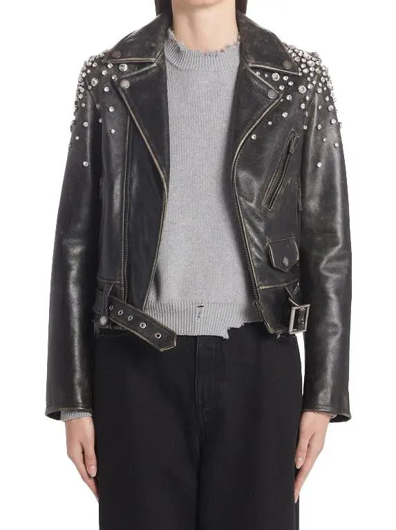 Golden Goose Chiodo Destiny Crystal Embellished Leather Moto Jacket - Black