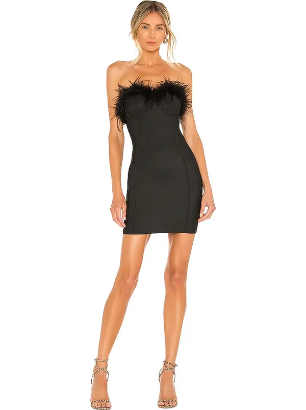 Superdown Ramona Bustier Feather Trim Dress - Black