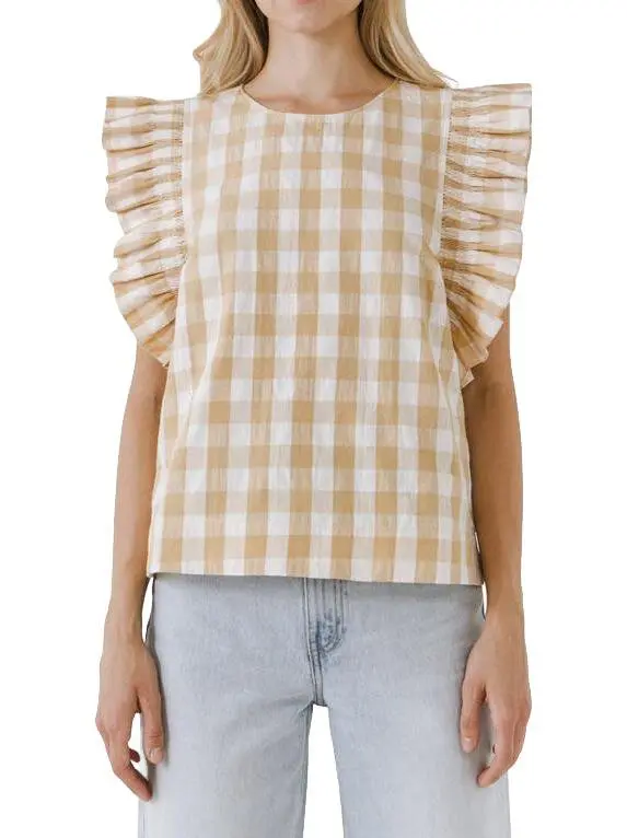 English Factory Gingham Ruffle Sleeve Top - Beige