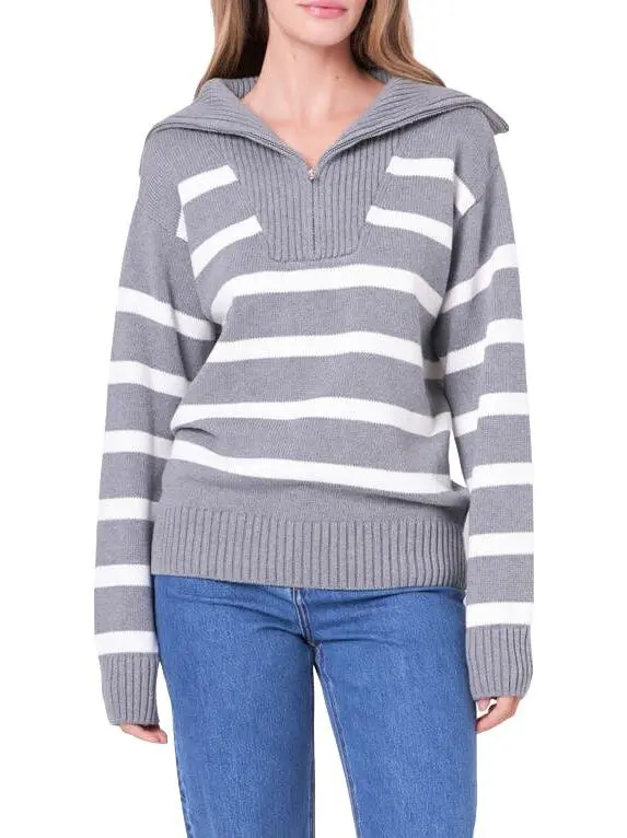 English Factory Stripe Cotton Zip Pullover - Heather Grey/white