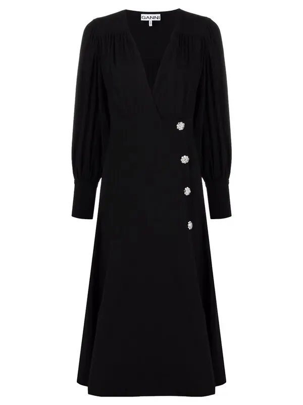GANNI V-neck Wrap Midi Dress With Balloon Sleeves And Button Detailing - Black
