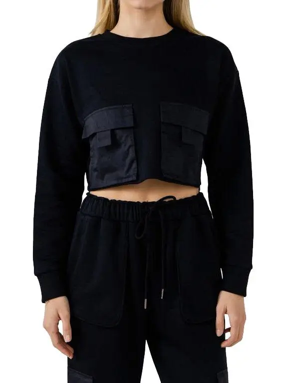 GREY LAB Crop Pocket Cotton Sweatshirt - Black