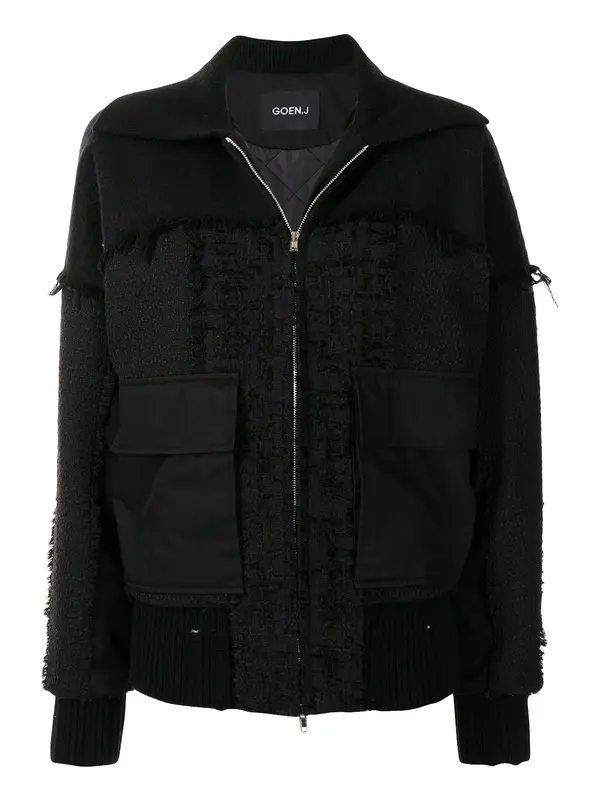 Goen.j Frayed Tweed Patchwork Bomber Jacket - Black