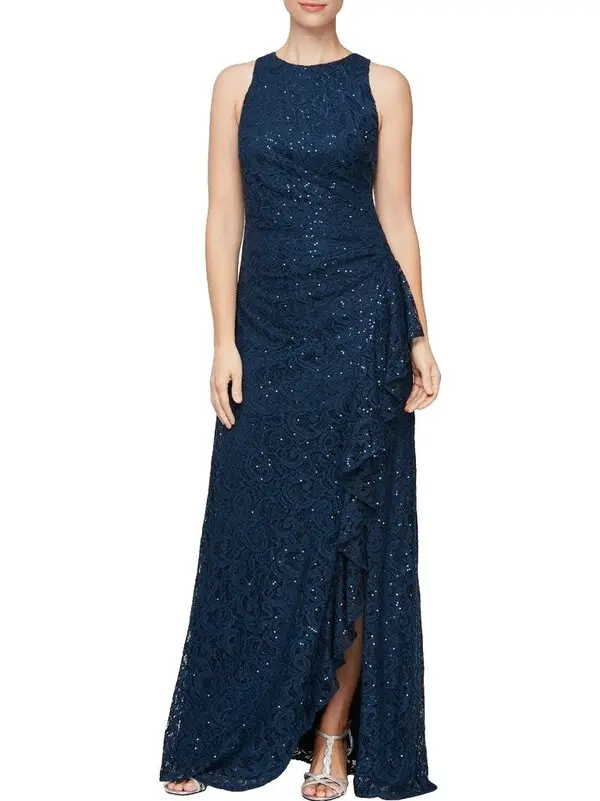 Alex Evenings Ruffle Sequin Lace Gown - Navy