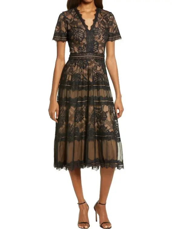 Tadashi Shoji Lace & Mesh Midi A-line Dress - Black/nude