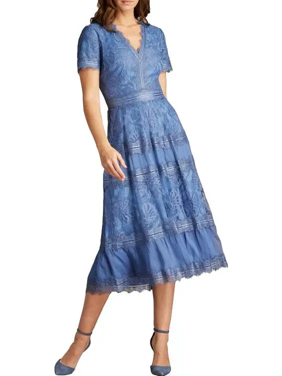 Tadashi Shoji Lace & Mesh Midi A-line Dress - Blue Stone