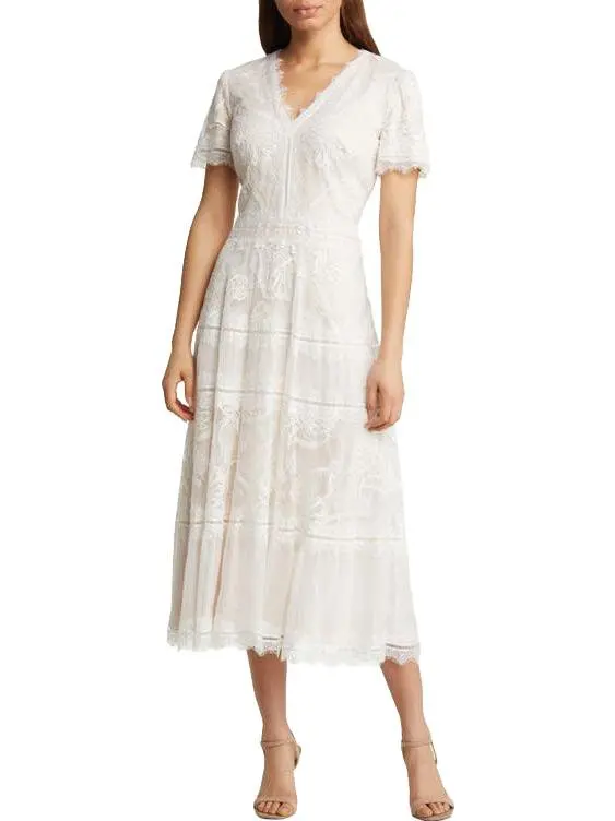 Tadashi Shoji Lace & Mesh Midi A-line Dress - Ivory/petal