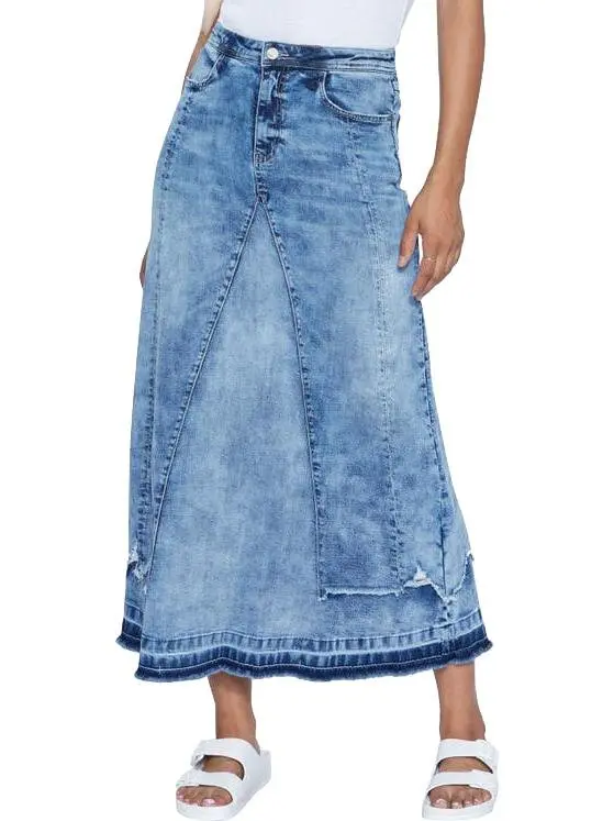 WASH LAB DENIM Selma Overlay Acid Wash Denim Maxi Skirt - Spray Blue