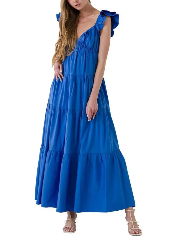 FREE THE ROSES Ruffled V-neck Maxi Dress - Blue