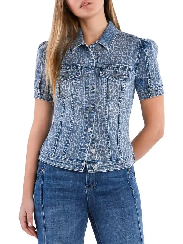 WASH LAB DENIM Puff Sleeve Jacket - Denim Leopard