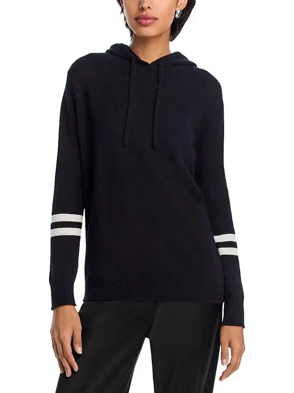 Aqua 100% Cashmere Athletic Stripe Hoodie - Black/ivory