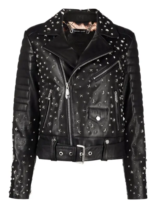 Philipp Plein Star-studded Biker Leather Jacket - Black